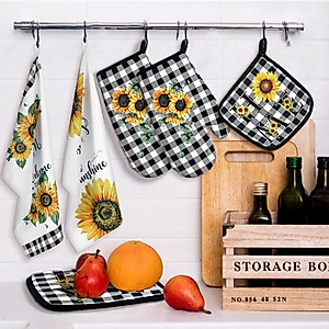 Bencailor 6 Pcs Kitchen Decor Pot Holders Oven Mitts 2 Dish Towels 2 Farmhouse Cooking Mittens Oven Glove 2 Potholder for Baking Cooking Grilling Supply Accessories(Yellow,Sunflower)