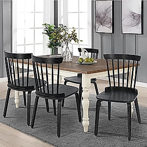Bekrvio Black Dining Chairs Set of 4 Windsor Chairs with Bentwood Legs, Farmhouse Spindle Back Dining Chair, Vintage Mid-Century Country Style, Solid Wood Armless Kitchen Side Chairs for Living Room