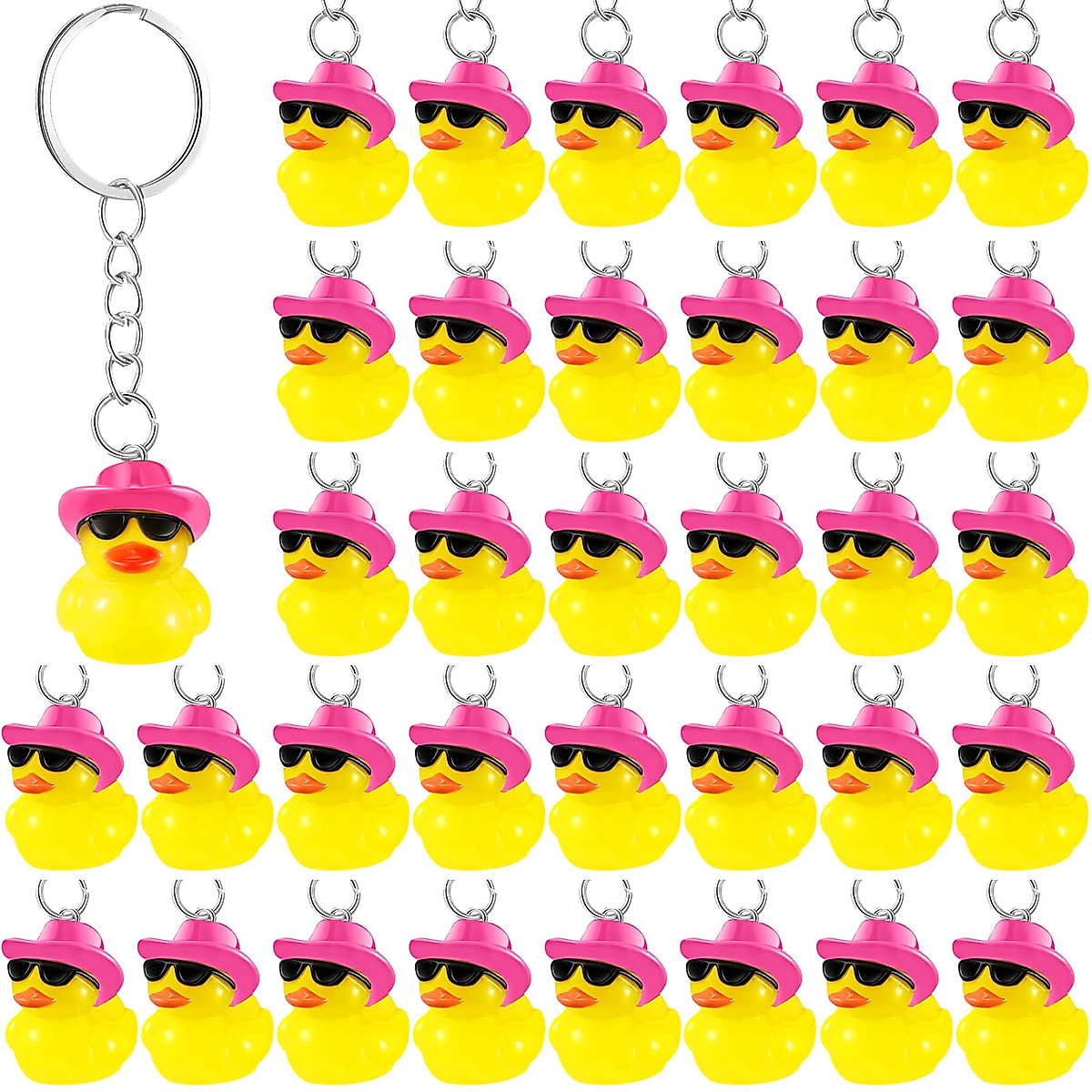 Siifert 36 Pcs Duck Keychain Bulk Cowboy Cowgirl Duck Party Favors Resin Tiny Duck Keychain with Cowboy Hat Sunglasses Charms Pendant for Kids Gift Halloween Birthday Baby Shower (Yellow,Rose Red)