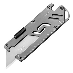 KUNSON Stainless Steel Keychain Utility Knife, Portable Pocket Retractable Box Cutter for Cartons, Cardboard and Boxes, Office and Home EDC Use Extra 5 Blades Included, Grey