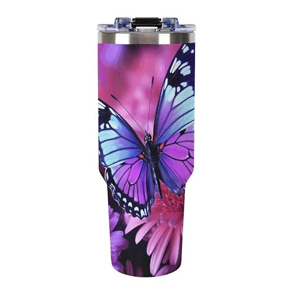 Purple Butterfly And Flower Insulated Stainless Steel Travel Mug, 40 Oz Tumbler with Handle And Straw Double-Wall Vacuum Coffee Cup, Leak-Proof Lid, Keeps Drinks Hot/Cold for Hours
