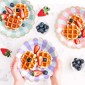 Confettiville Party Paper Plates, 50-Pack, Disposable Paper Plates, Gold Foil Scalloped Edge, Striped Pastel, 6 Colors, 9-Inch