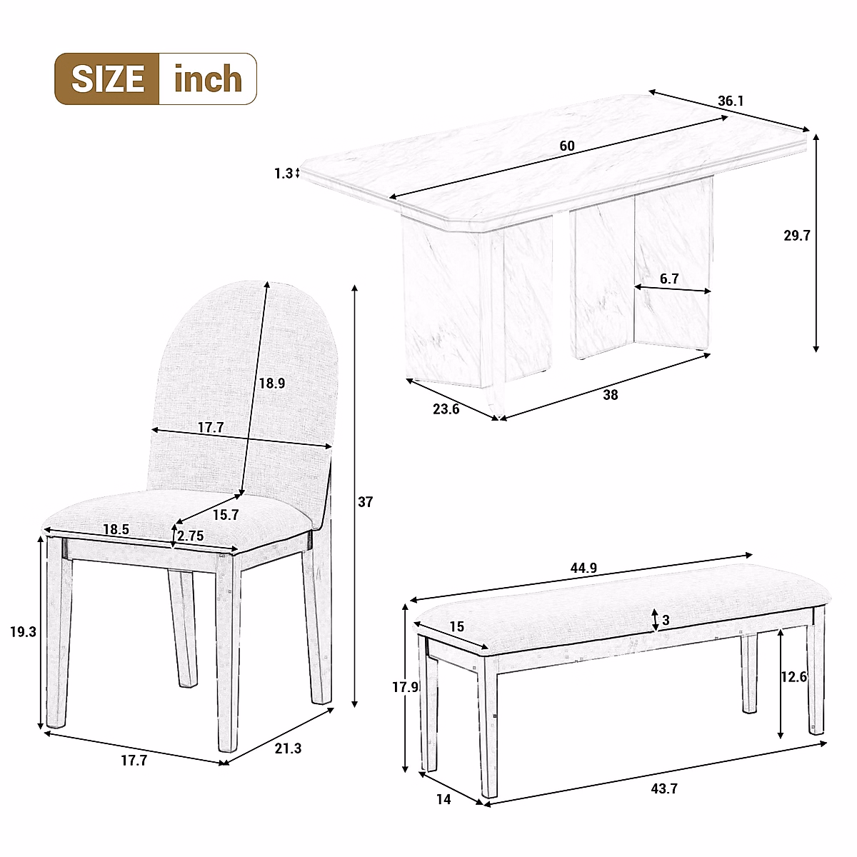BIADNBZ Modern Style Dining Table Set for 6 with Faux Marble Tabletop and 4 Upholstered Chairs & 1 Bench, 6-Piece Family Kitchen Furniture, White