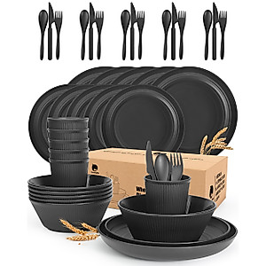 42 Pieces Wheat Straw Dinnerware Set - OAMCEG Plastic Dinner Set for 6, Kitchen Plates and Bowls Set, College Dorm Microwave Dishes, Unbreakable Plastic Outdoor Camping Dishes, Black