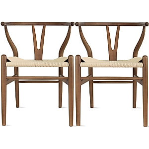 2xhome Set of 2 Wishbone Solid Wood Armchairs with Arms Open Y Back Farmhouse Dining Office Chairs with Woven Beige Seat (Espresso)