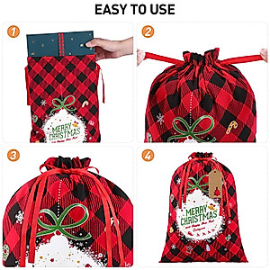 Aneco 12 Pieces Christmas Drawstring Gift Bag with Drawstrings Red and Black Buffalo Plaid Fabric Bag with Drawstring Cotton Xmas Candy Bags with 24 Tags Rope, Assorted Sizes