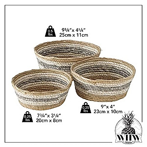 Coastal Grey Stripes 3 Piece Basket Set, Shelf Organizers, Corn Husk Wicker, Chunky Rope Weave, Stitched, Diameter 9.75 Inches