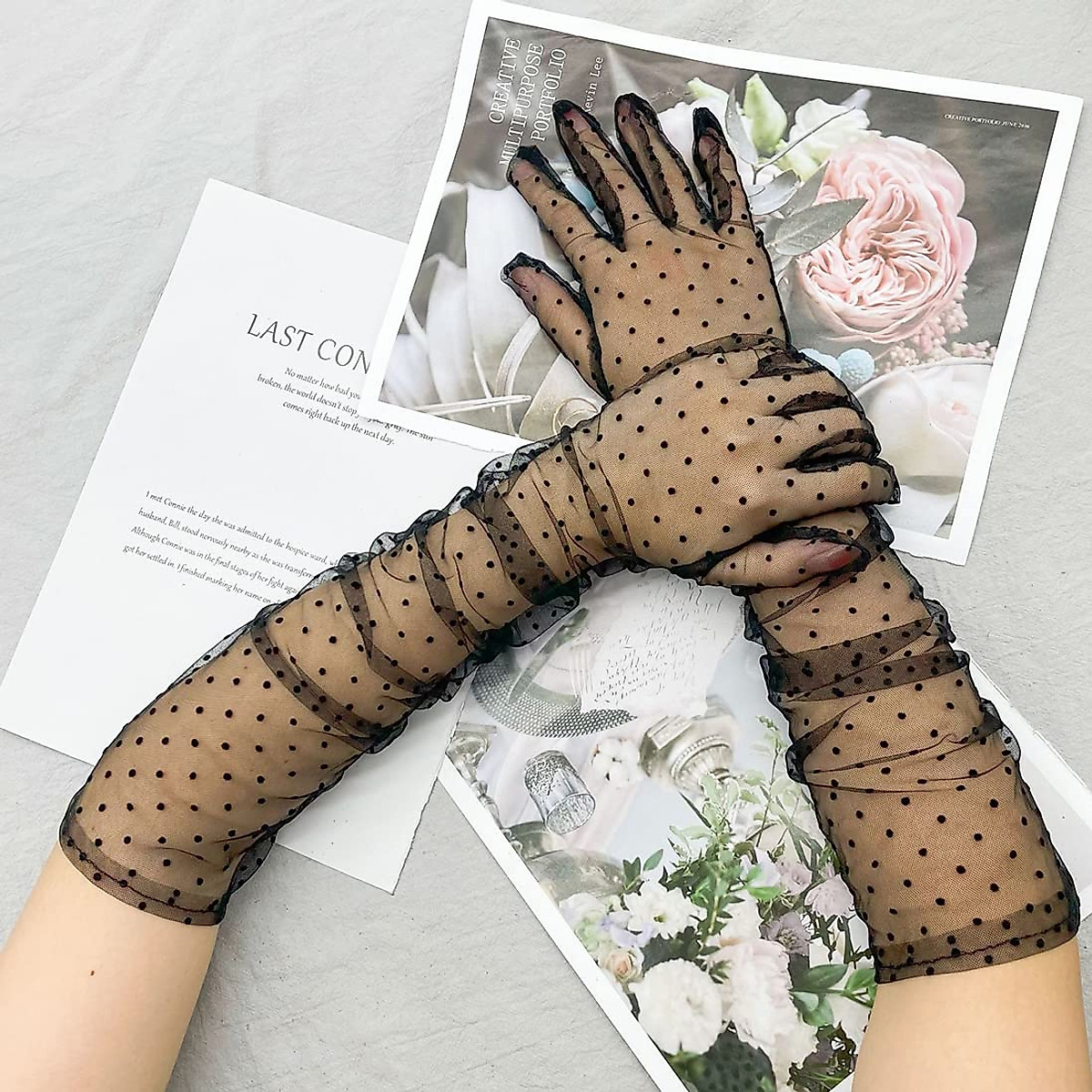 Mrotrida Women's Tulle Polka Dot Long Opera Party Wedding Bridal Gloves - Black