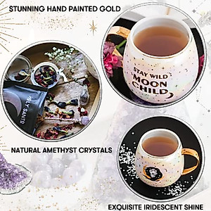 HOLY SANTO Fancy Coffee Mug Gift Set - Stay Wild Moon Child Witchy Mug with Crystal Spoon and Crystal Tea Infuser - Goth Novelty Mugs for Women Wife Mothers Day Witch Gifts, 500ml Ceramic Tea Cup