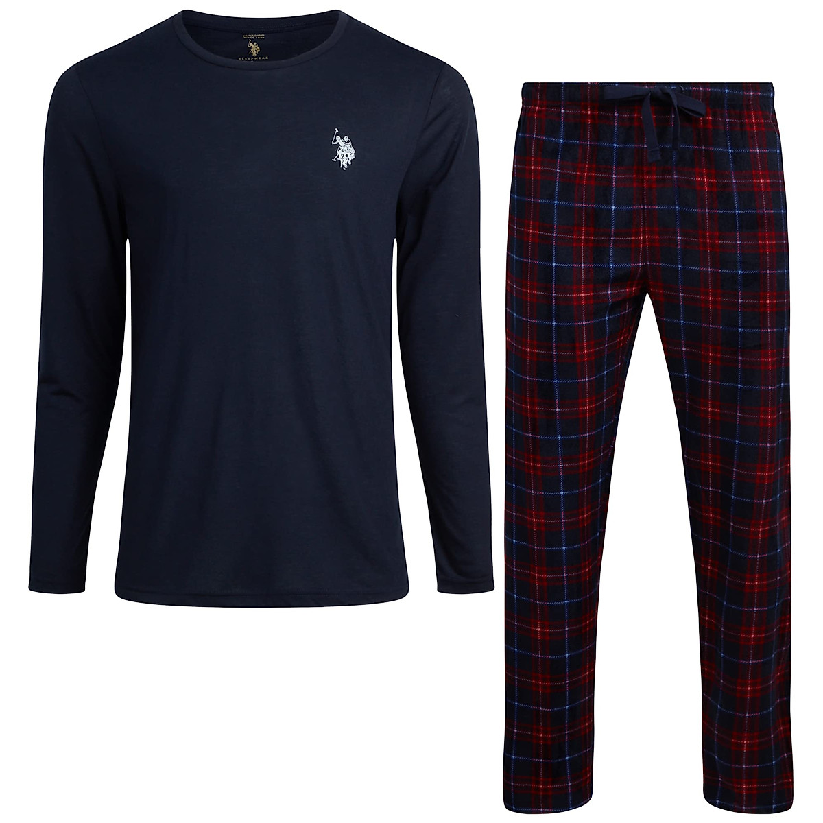 U.S. Polo Assn. Men's Pajama Set - 2 Piece Long Sleeve T-Shirt and Fleece Lounge Pants, Gift Box, Size Medium, Sky Captain