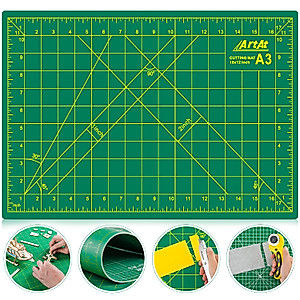 ArtAt Self Healing Cutting Mat: 12″x 18″ Green Double Sided Non-Slip 5 Layers PVC Durable Craft Sewing A3 Mat for Rotary Cutter, Use for Quilting and Scrapbooking and Craft & Art Projects…