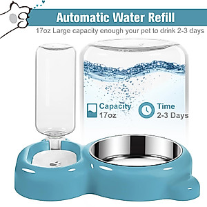 Dog Bowls, Cat Food and Water Bowl Set with Water Dispenser and Stainless Steel Bowl for Cats and Small Dogs - Blue