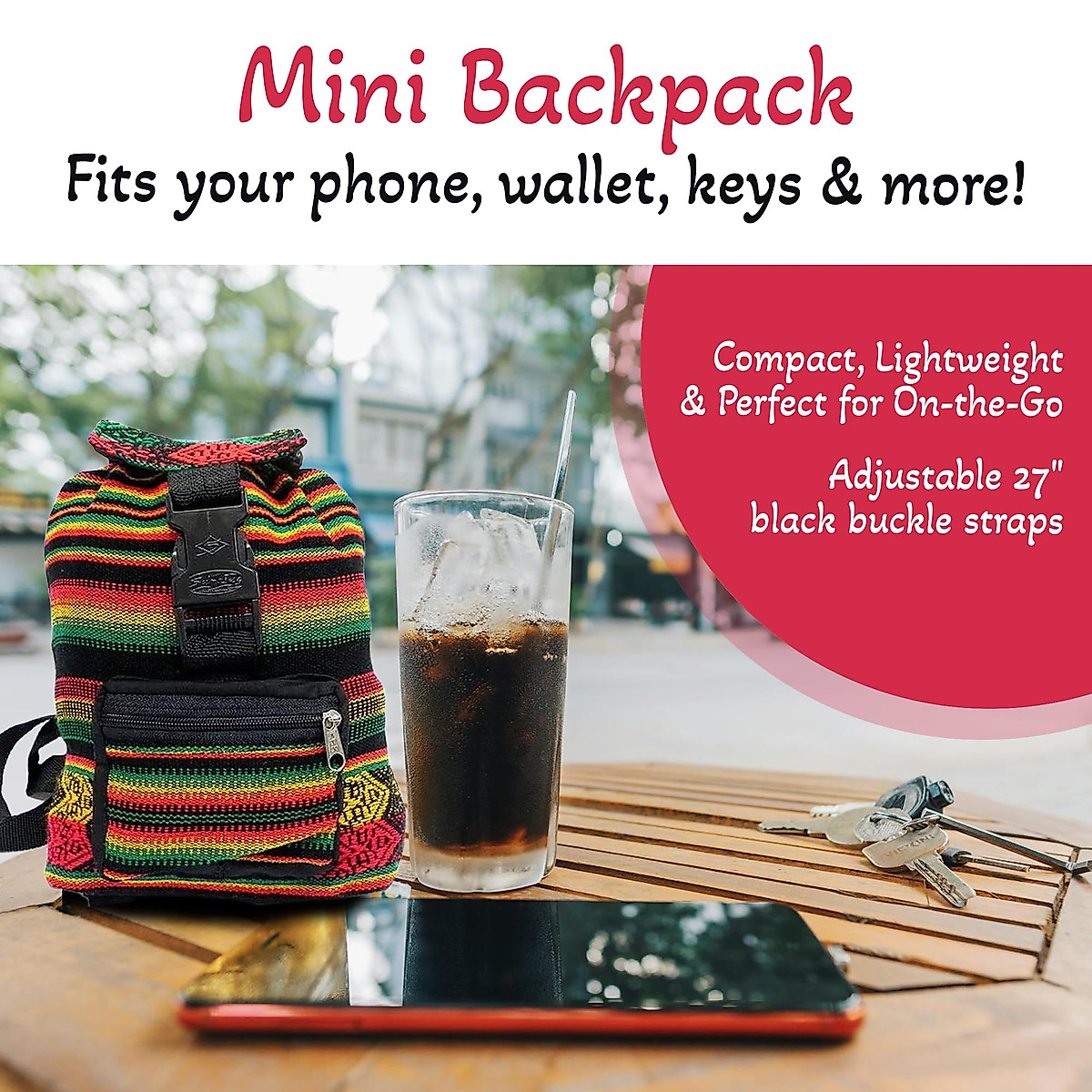 Mia Jewel Shop Mini Rasta Peruvian Tribal Print Striped Pattern Lightweight Drawstring Backpack Daypack - Handmade Bags Boho Accessories