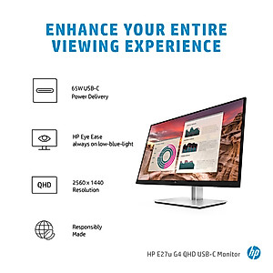 HP E27u G4 QHD USB-C 27 Inch Monitor Desktop PC IPS LCD 60Hz 5ms 16:9 Anti-glare Pivot Height Adjustable VESA Mountable DisplayPort HDMI Port USB Hub Computer Screen, Black/Silver (Renewed)