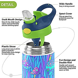 Boccsty Magic Mushrooms Pattern Kids Water Bottle with Straw Lid 60s Hippie Insulated Stainless Steel Reusable Tumbler for Boys Girls Toddlers 12 oz Green