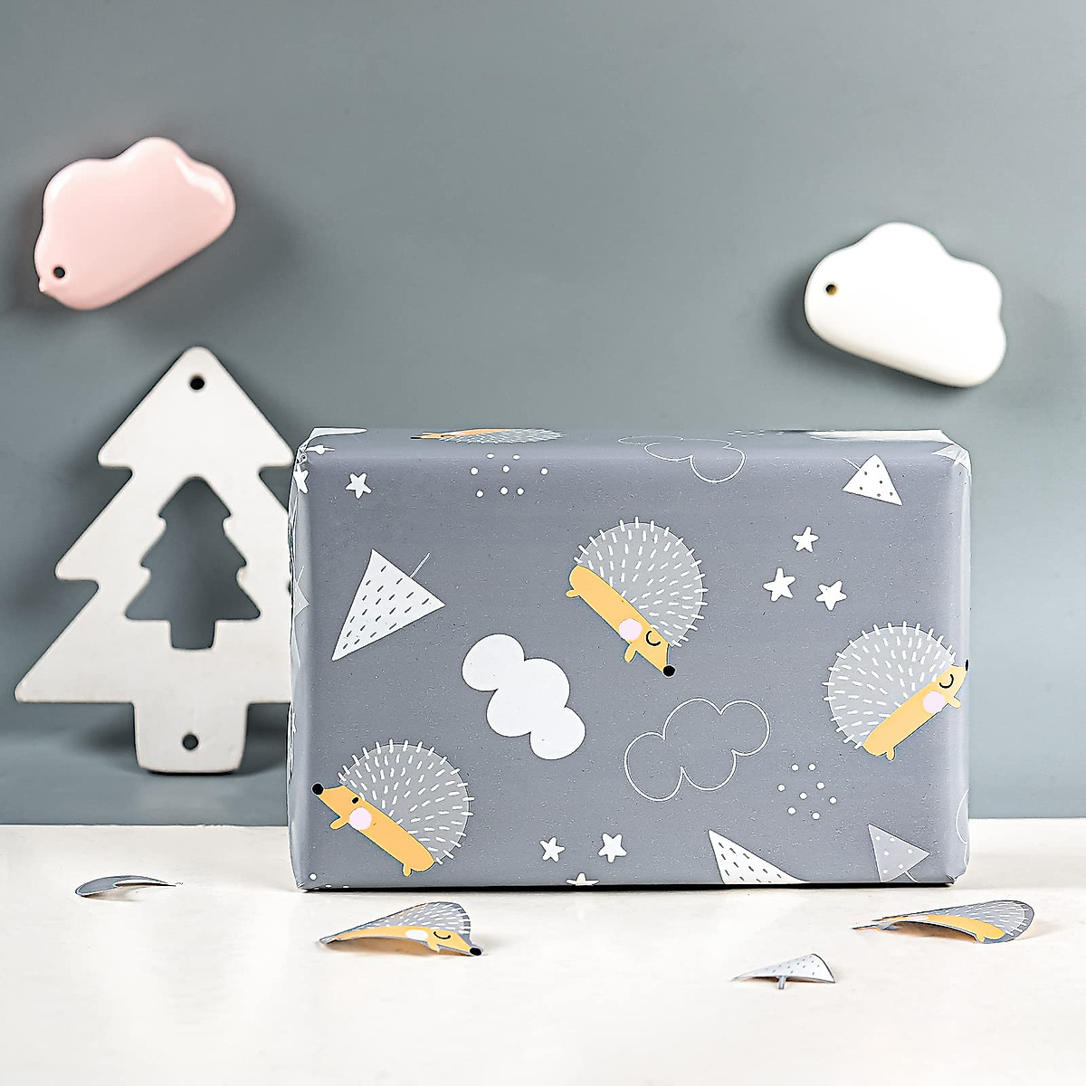 WRAPAHOLIC Reversible Baby Shower Wrapping Paper - Mini Roll - 17 Inch X 33 Feet - Cute Hedgehogs and Stripes Design for Birthday, Holiday, Party