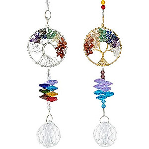 2 Packs Hanging Crystals Suncatcher - Life Tree Crystal Pendant Rainbow Crystal Ornament Crystal Ball Prism Chakra Crystals for Window, Garden, Home Decoration