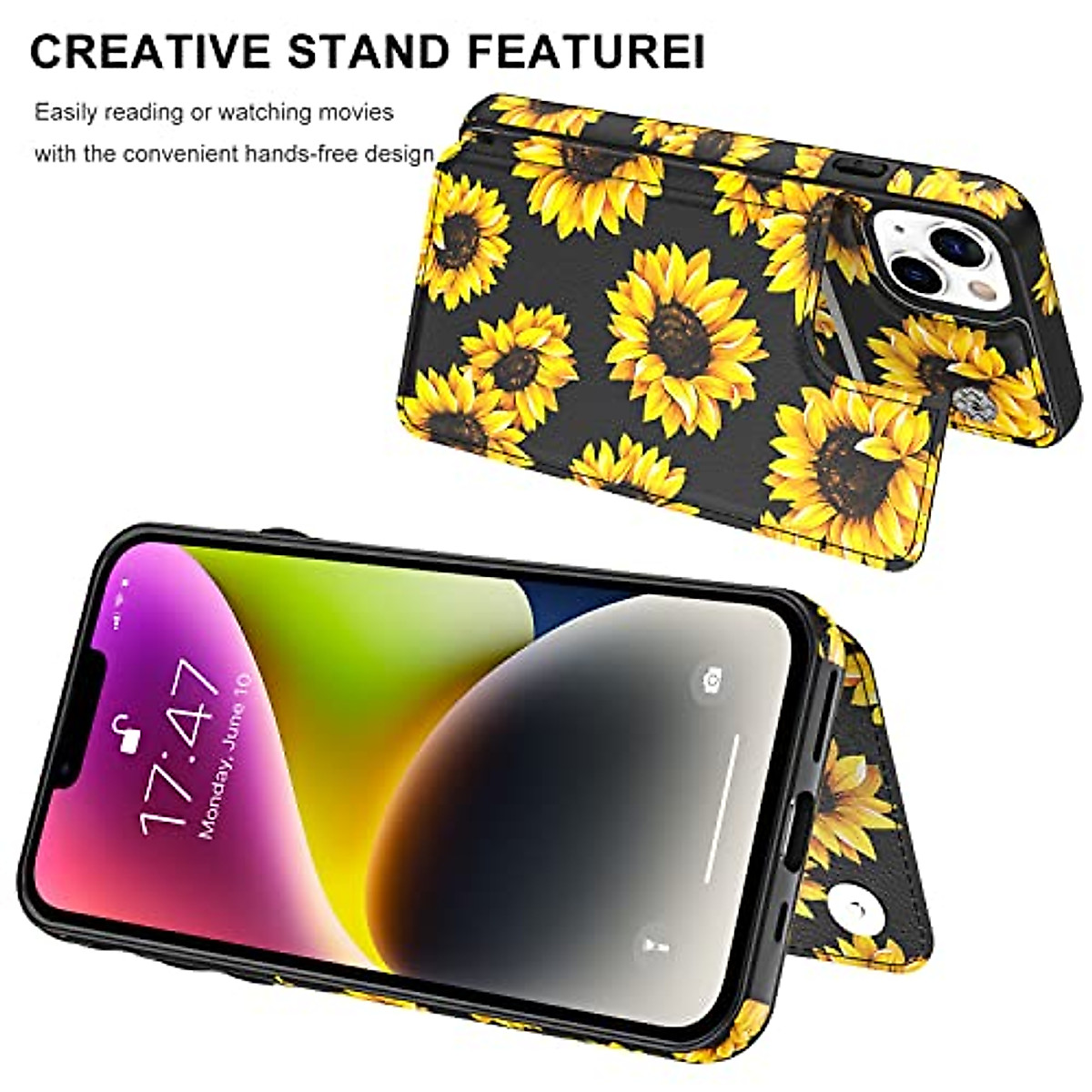 LETO iPhone 14 Case,Flip Folio Leather Wallet Case Cover with Fashion Flower Designs for Girls Women,Built-in Card Slots Kickstand Protective Phone Case for iPhone 14 6.1" Blooming Sunflowers