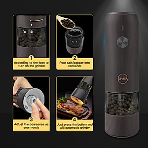 Electric Salt and Pepper Grinder Set - Rechargeable USB Cable, LED Lights, Automatic Pepper and Salt Mill Grinder Set Refillable, Adjustable Coarseness, One Hand Operation (Black Brown 2 Pack)
