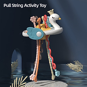 Baby Pull String Activity Toy with Bubble Pop & Teether, Montessori Toys for Babies 12 Months+, Silicone Sensory Toys for Toddlers 1-3, Travel Toys Rattle Motor Skills Toy Infants Gifts(Swan)