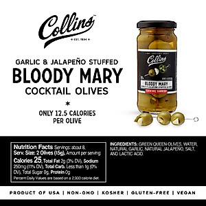 Collins Jalapeno Garlic Stuffed Cocktail Olives, Gourmet Martini Olive Cocktail Garnish, Dirty Martini Olives, Bloody Mary, Jalapeno Olives Garlic Olives 4.5oz