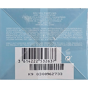 Miu Miu L'Eau Bleue Eau De Parfum Spray For Women 3.4 OZ.