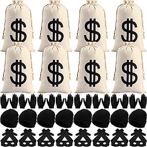Ramede 32 Pcs Halloween Costume Set, Include Dollar Sign Canvas Bags, Robber Mask, Knit Beanie, Black Robber Gloves for Halloween Outfit Cosplay Bandit Burglar Theme Party Supplies