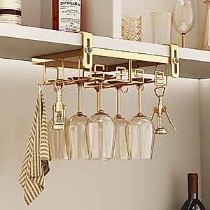WUXIANJU Stemware Rack Under Cabinet Wine Glass Holder Glass Organizer Storage Hanger for Bar Kitchen, 2 Rows (Gold)