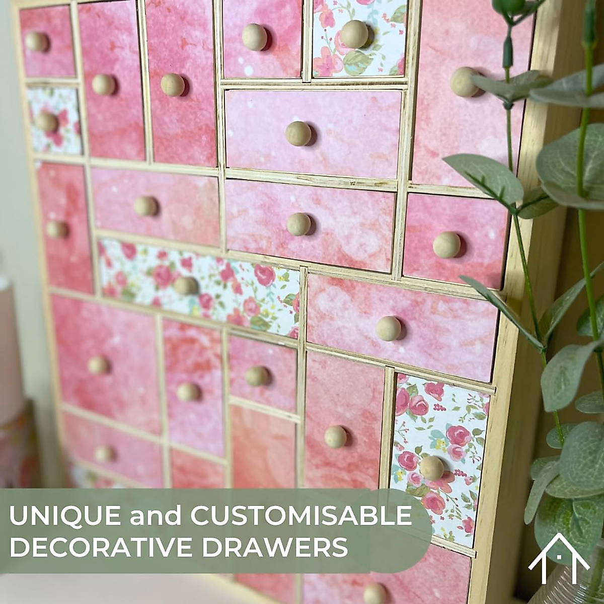 Hyggehaus DIY Wooden Advent Calendar Apothecary Cabinet Craft Storage organiser with Drawers for Decorating or Natural Wood. Handles Detached. Comes in Gift Box