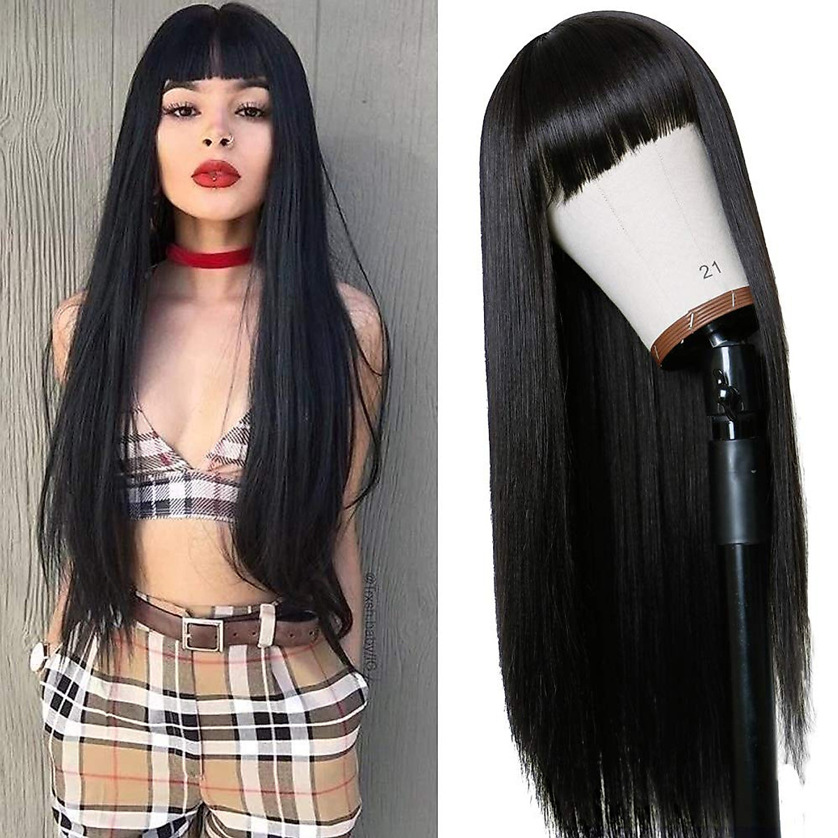 TIMANZO Long Straight Remy Hair Wigs Natural Black Heat Resistant Fiber Hair Full Machine Wig with Bangs Cosplay Party Wig For Fashion Women(24 Inches Natural Black Hair)