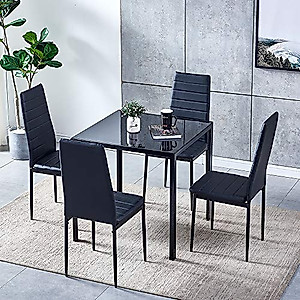 Set of 5 Dining Table Chair Set, Black Glass Square Dining Table and 4 Black Faux Leather Dining Chairs, Modern Dining Room Set with Metal Legs 5-Piece Kitchen Table Chair Set for Home Restaurant