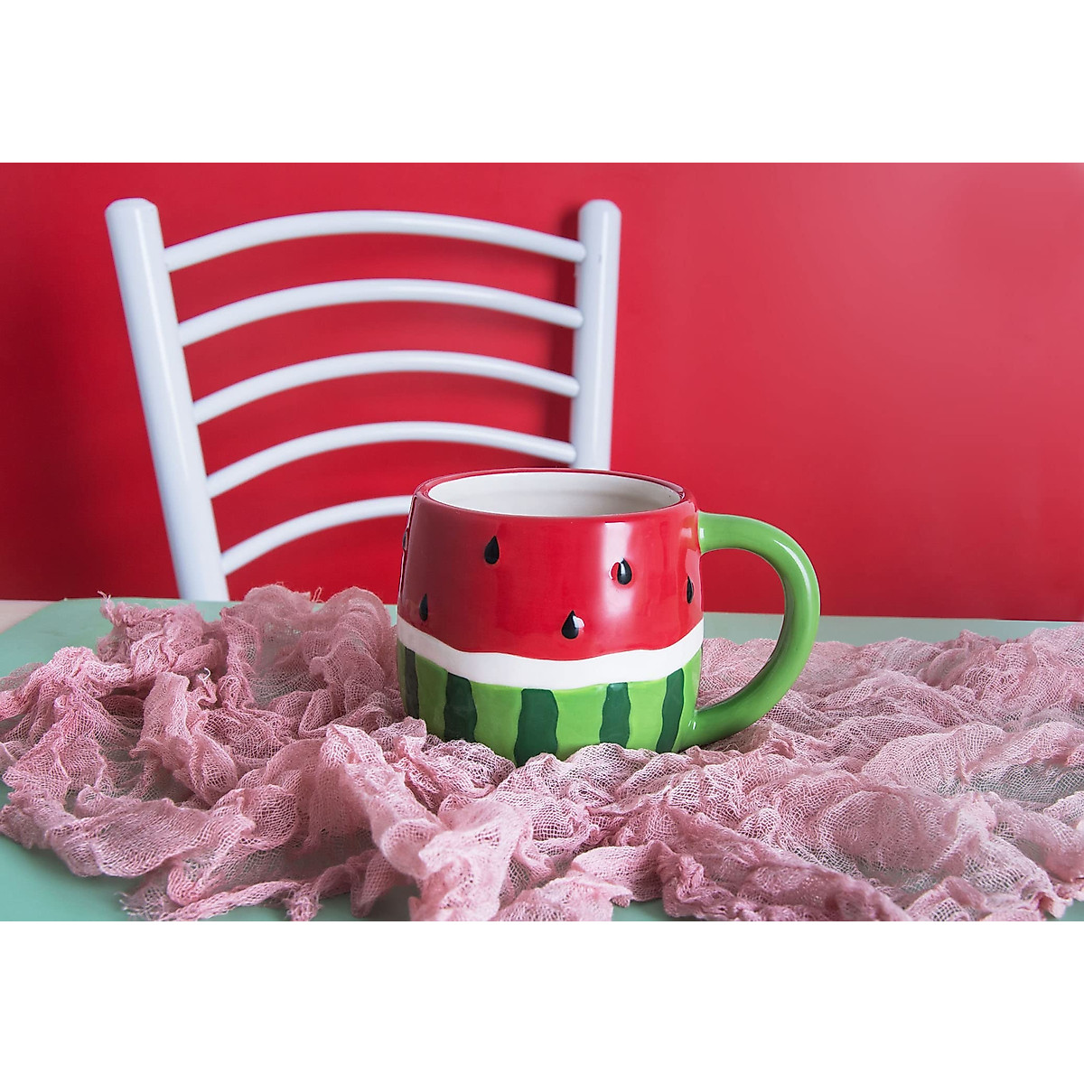 AwakingWaves Hand Painted Ceramic Tea Cups with Funny Watermelon-shaped Designs for Sister/Women/Mom, Novelty Green Travel Mug for Milk, Kawaii Gift Suitable for Dishwasher and Microwave (18 oz)