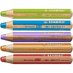 STABILO Multi-talented Pencil woody 3-in-1 - Box of 5 - Red, Orange, Leaf Green, Cyan Blue & Lilac + Sharpener