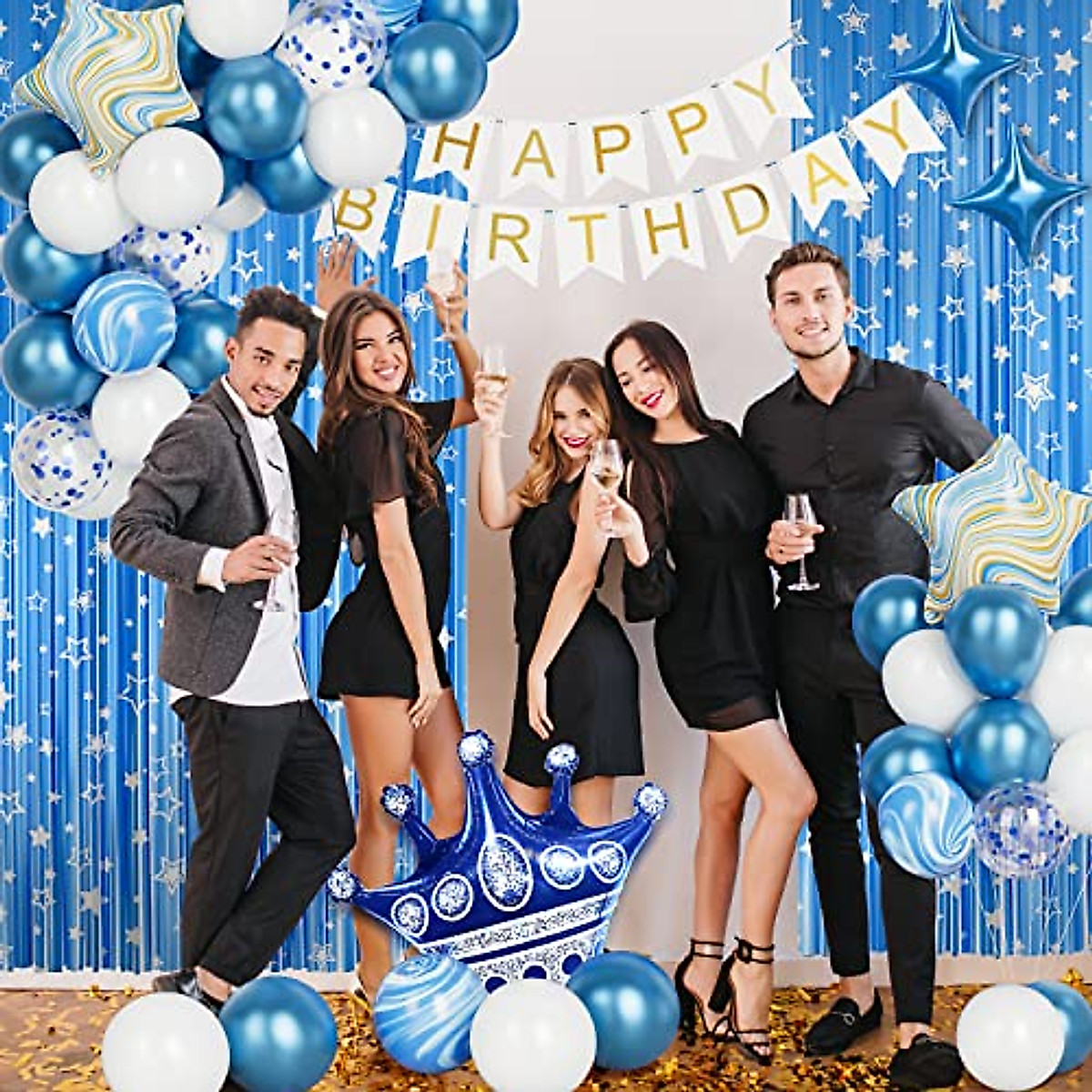 Bule Birthday Party Decorations Set with Birthday Banner, Bule Confetti Balloons, Bule Foil Birthday Background, Tassel Garland, Cake Toppers for Girls Men Kids Baby Birthday Party Supplies Decor