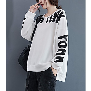 ellazhu Women's Autumn Casual Crew Neck Long Sleeve Sweatshirt Pullover GA2062 White