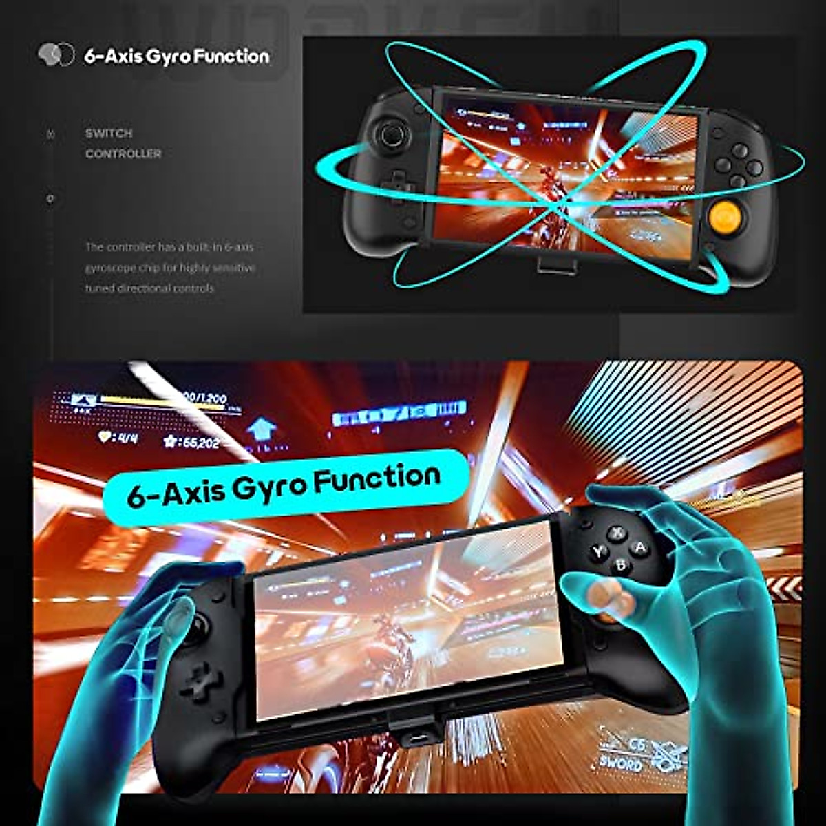 YOUHODA Ergonomic Nintendo Switch/Switch OLED Controller Grip for Handheld Mode with 6-Axis Gyro, Back Button Mapping, Vibration, PD Fast Charge