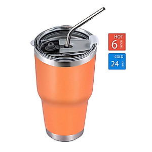 DYNAMIC SE 30oz Tumbler Double Wall Stainless Steel Vacuum Insulated Travel Mug with Splash-Proof Lid Metal Straw and Brush (Orange)