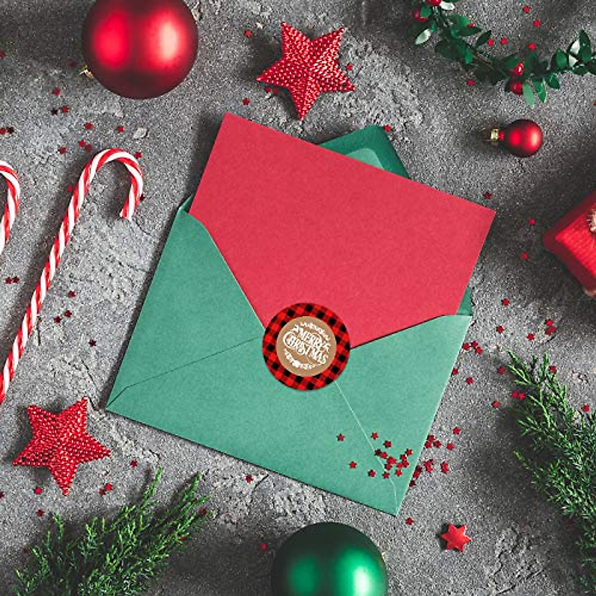 Ruisita 600 Pieces Merry Christmas Stickers Buffalo Plaid Self Adhesive Seals Labels Holiday Seals Stickers for Christmas Favor Gift Cards Envelopes Seals