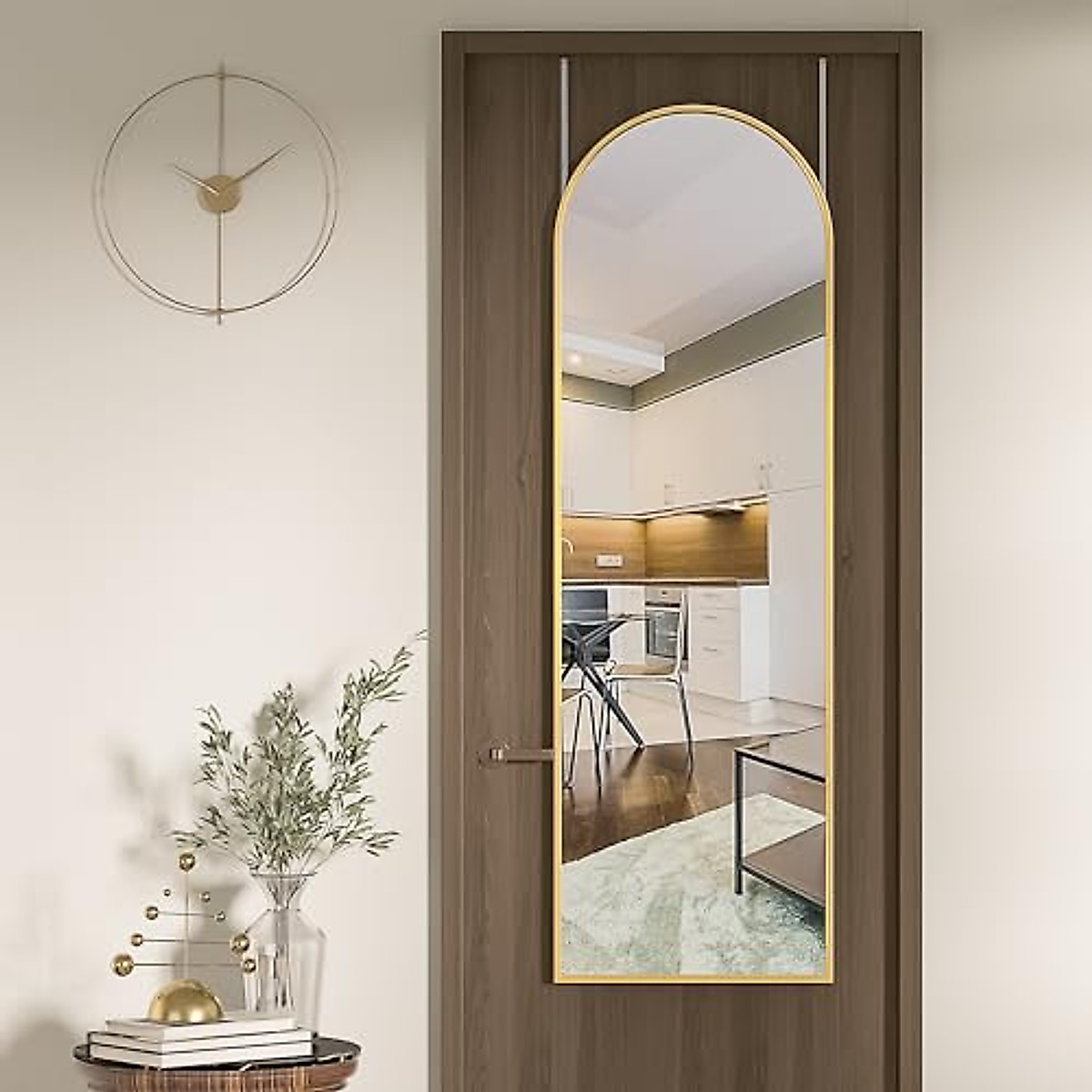 Antok Over The Door Mirror Full Length, 50"x16" Arched Top, Gold Frame, Modern Style, Shatterproof, Adjustable Height, Bedroom, Bathroom, Living Room