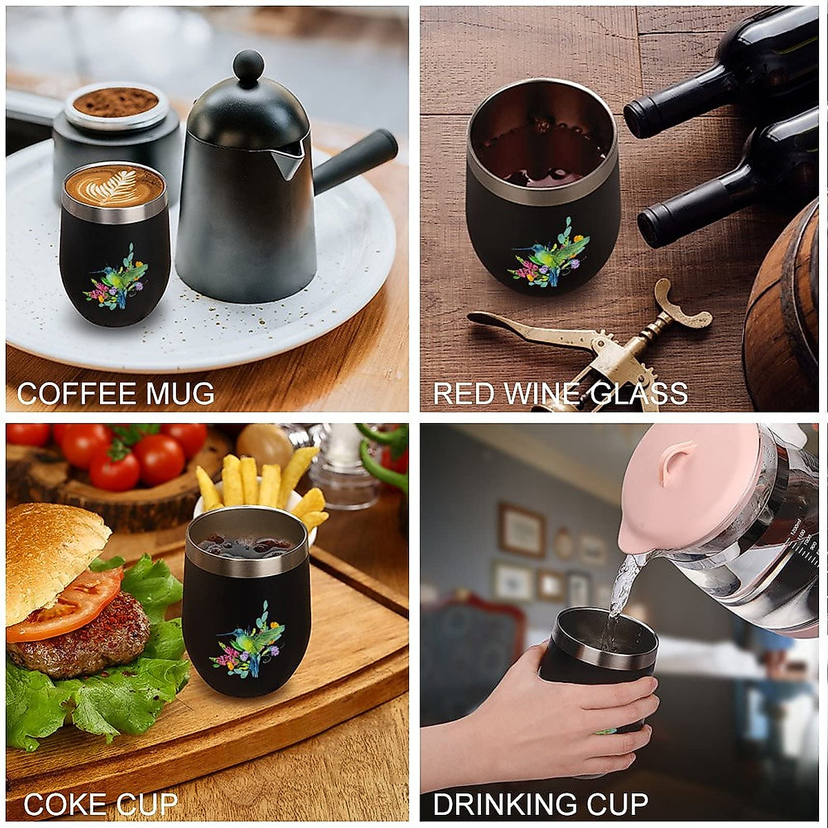 Hon-Lally Hummingbird Flower Pattern 12 oz Stainless Steel Wine Tumbler with Lid Mug Cup Double Wall for Coffee, Cocktail, Drink, Tea and Beer - black-style