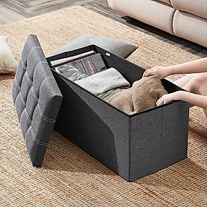 YOUDENOVA 30 inches Folding Storage Ottoman, Ottoman with Storage Footrest Seat Support 350lbs, Storage Bench for Living Room Bedroom, Linen Fabric Grey