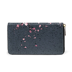 Cherry Blossom Black Leather Long Wallet Organizer with Zipper Purse Clutch Bag for Women Men