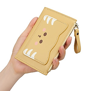 Women's Leather Slim Minimalist Card Holder Case Cute Small Zipper Coin Change Wallet, Yellow