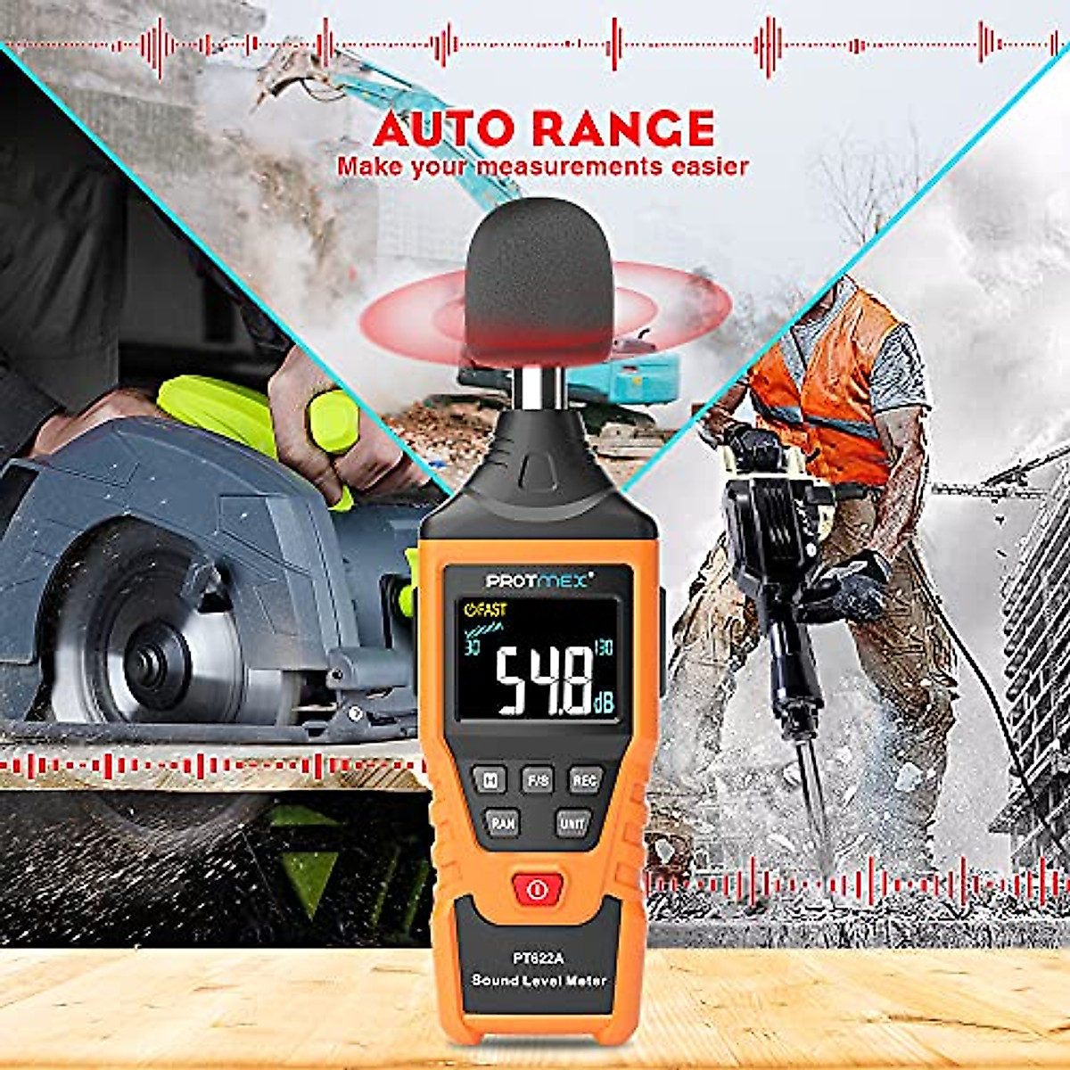Protmex PT622A Sound Level Meter, Digital Decibel Reader Measurement, Range 30-130 dB with Large LCD Screen Display, Accuracy 1.5dB Noise Meter, Fast and Slow Selection