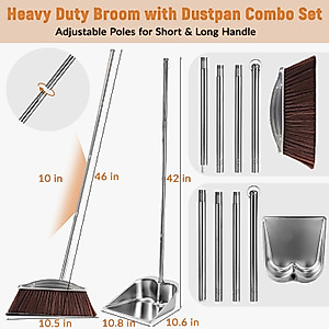 VOOWO Broom with Dustpan Combo Set, 46" Stainless Steel Broom and Dustpan Set for Home, Heavy Duty Dust Pan with Long Handle, Broom for Sweeping Indoor and Outdoor, Kitchen Broom and Dust Pan (Brown)