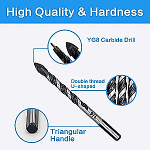 10-Piece Masonry Drill Bits Set for Tile Glass Ceramic Brick Wood, 1/8 to 1/2 Inch Drilling Bits with Triangle Handle, YG8 Tungsten Steel Alloy Tip.（Black）