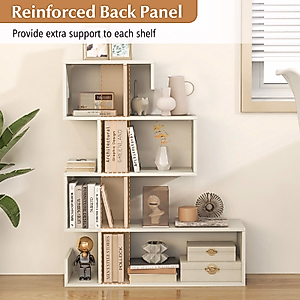 Tangkula S-Shaped Bookshelf, 5-Tier Modern Geometric Stepped Bookcase with Anti-Tipping Kits, Freestanding Corner Ladder Display Rack for Living Room Home Office (1, White)