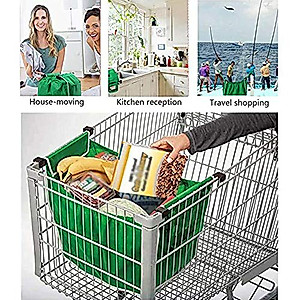 Helishy 2Pack Reusable Grocery Bags Shopping Trolley Bags, Green Non-woven Tote Bags with Handles, Collapsible Grab and Go Bag Clip on Shopping Cart