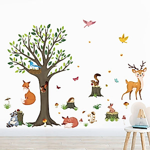 decalmile Animal Forest Tree Wall Stickers Fox Bird Deer Wall Decoration Bedroom Kids Baby Nursery
