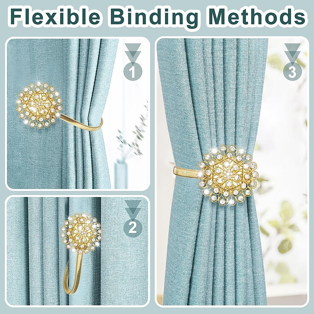 AULEEP Magnetic Curtain Tiebacks, 4 Pack Magnetic Crystal Decorative Drapes Curtain Clips Buckle, Flower Curtain Tie Back, European and American Style (Gold)